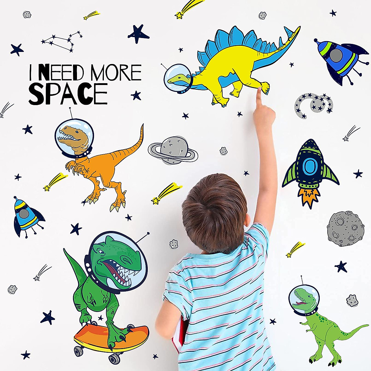 Yovkky Boys Space Dinosaurs Astronauts Wall Decal, Peel Stick Funny Dino Animal Planet Sticker Nursery Rocket Spaceship Decor, Home Baby Room Decorations Kids Bedroom Playroom Art Party Supply Gifts