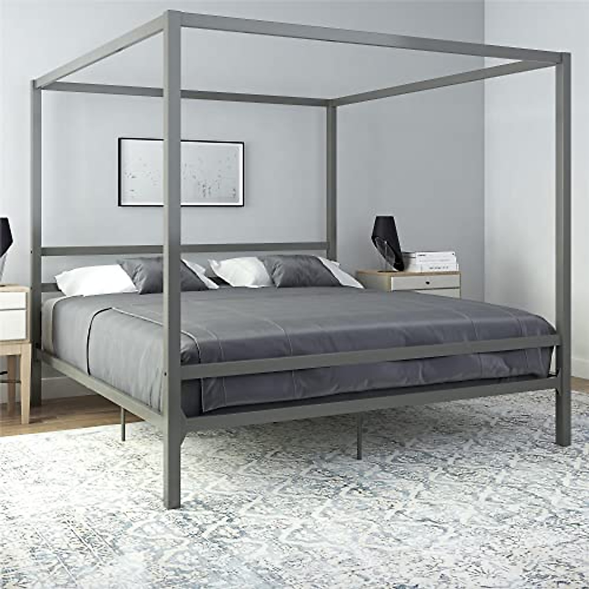 DHP Modern Metal Canopy Platform Bed with Minimalist Headboard and Four Poster Design, Underbed Storage Space, No Box Spring Needed, King, Gunmetal Gray