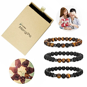 MengPa Mens Beaded Bracelets Matte Lava Rock Volcanic Stone Beads for Women Stretch Bracelet Brown Tiger Eye Fashion Jewelry US4543C