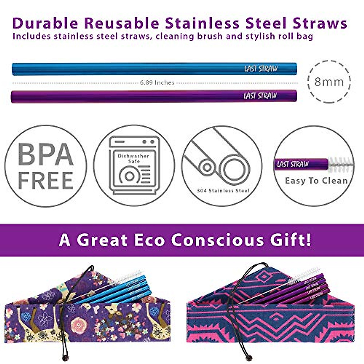 LAST STRAW Sky Blue Velvet Collection – Portable 304 Stainless Steel Cocktail Length Eco-Friendly Drinking Straws - Set of 4 Washable Rainbow Metal Straws + Brush + Velvet Carrying Pouch