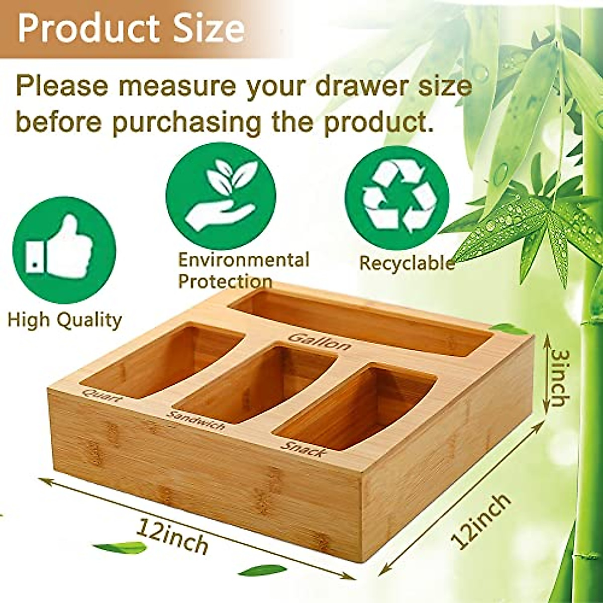 TILB Ziplock Bag Storage Organizer,Bamboo Baggie Organizer Dispenser for Drawer,Plastic Bag Organizer for Drawer Compatible With Gallon,Quart,Sandwich,Snack Bags