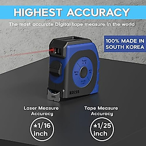 KOISS K4TM 3-in-1 Digital Measuring Tape with Laser, 130FT Laser Measurement Tool, 16FT Tape Measure, Real Time Digital Screen with Backlight, 3 Memory Functions, Rechargeable Battery