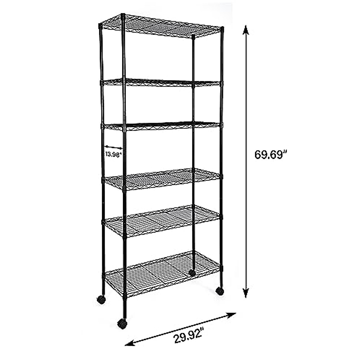 Simple Deluxe Heavy Duty 6-Shelf Shelving with Wheels, Wire Shelving with Hanging Hooks, Adjustable Storage Units, 29.92'' D x 13.98'' W x 71.65' H, 6 Tier, Black