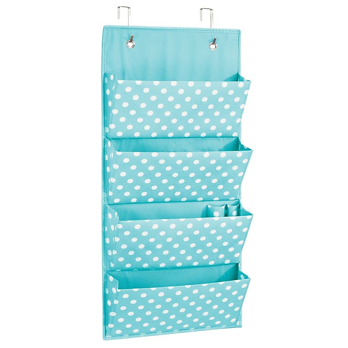 mDesign Soft Fabric Wall Mount/Over Door Vertical Hanging Storage Organizer Center - 4 Large Pockets for Baby Child/Kids Bedroom, Nursery, Playroom, Closet - Polka Dot Print - Turquoise Blue/White