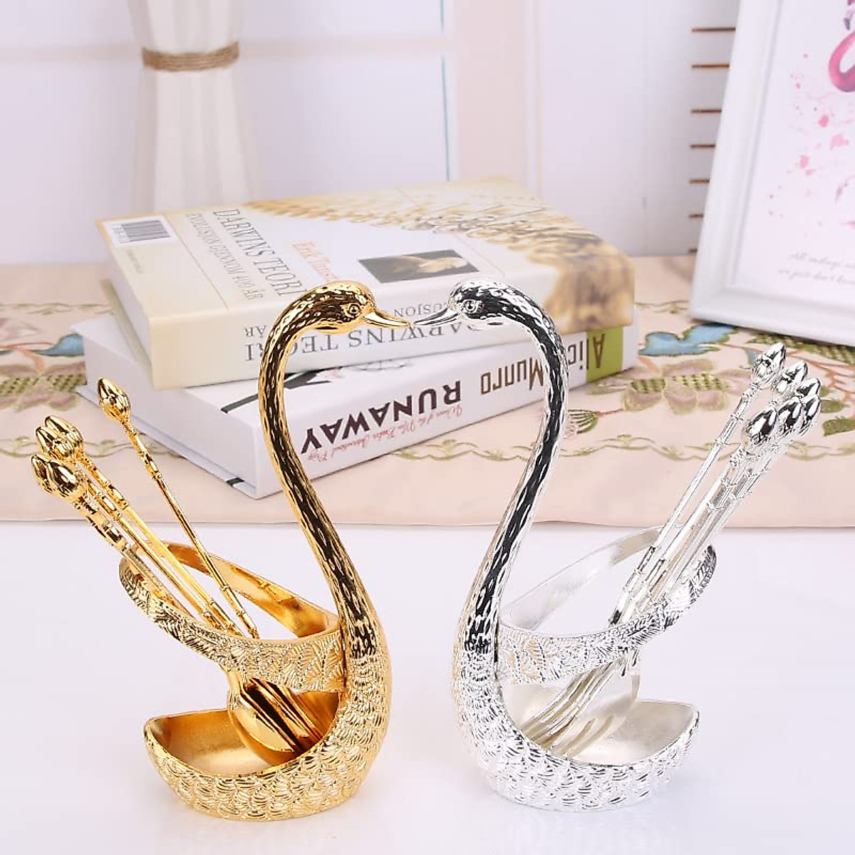 Stainless Steel Spoon Cutlery Kit with Zinc Alloy Swan Shape Retainer Storage Cutlery Rack Home Decor(Gold)