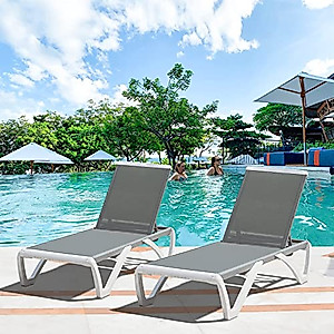 Domi Pool Lounge Chair Aluminum Adjustable Outdoor Chaise Lounge,All Weather Plastic Poolside Lounge Chair for Deck Lawn Backyard, Gray Textilene