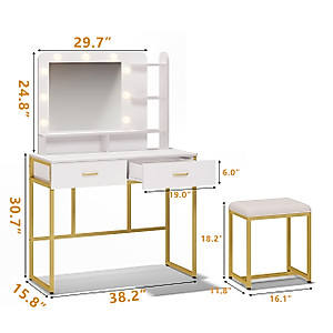 Wildhome Vanity Set with Lighted Mirror,Vanity Desk with 2 Drawers,Makeup Vanity Dressing Table with 9 Lights for Women, Dresser Desk Vanity Set for Bedroom,with Cushioned Stool,Gold (White)