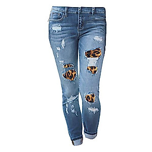 Andongnywell Plus Size Mid Waist Colombian Design Ripped Skinny Jeans (Blue,Large)