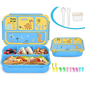 Sunhanny Lunch Box Kids, Bento Lunch Box for Girls Boys School, Lunch Containers for Adults Kids with 4 Compartments, Sauce Container, Utensils, Food Picks and Muffin Cups, Blue Dinosaur