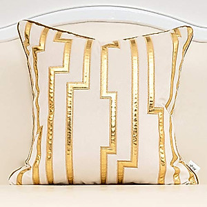 Alerfa White Geometric Gold Leather Striped Throw Pillow Covers 18x18 Inch, Luxury European Cushion Cases Decorative Pillows for Couch Living Room Bedroom 45 x 45cm