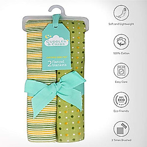 Cuddles & Cribs Baby Receiving Blankets – 100% Cotton Flannel Receiving Blankets - Yellow Stripe & Spots - Pack of 2-30 x 30 Inch