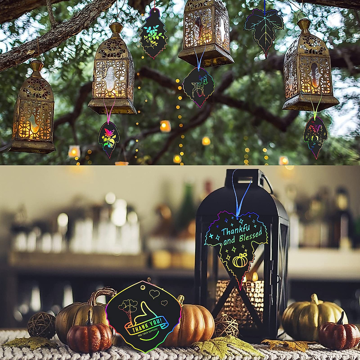 MEETANG 48pcs Scratch Art for Kids Fall Crafts Kits Thanksgiving Create Rainbow Paper Magic Off Supplies with Wood Styluses Ribbons Party Favor, Rinbow, universal