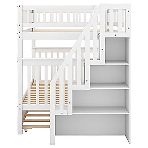 CITYLIGHT Full Over Full Bunk Bed for Adults Kids Teens, Full Over Full Bunk Beds with Trundle,Detachable Wood Full Bunk Bed with Staircase and Bookcase,White
