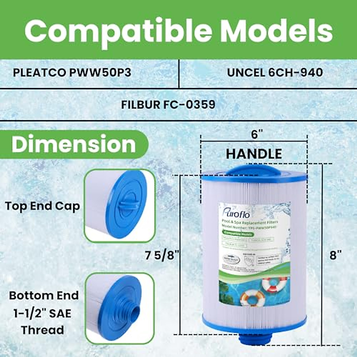 PUROFLO Spa Hot Tub Filter Cartridge Replacement for PWW50P3(1 1/2" Coarse Thread)|Unicel 6CH-940, 817-0050|Filbur FC-0359,25252, Waterway Front Access Skimmer, Screw in SAE Thread Filter 2 Pack