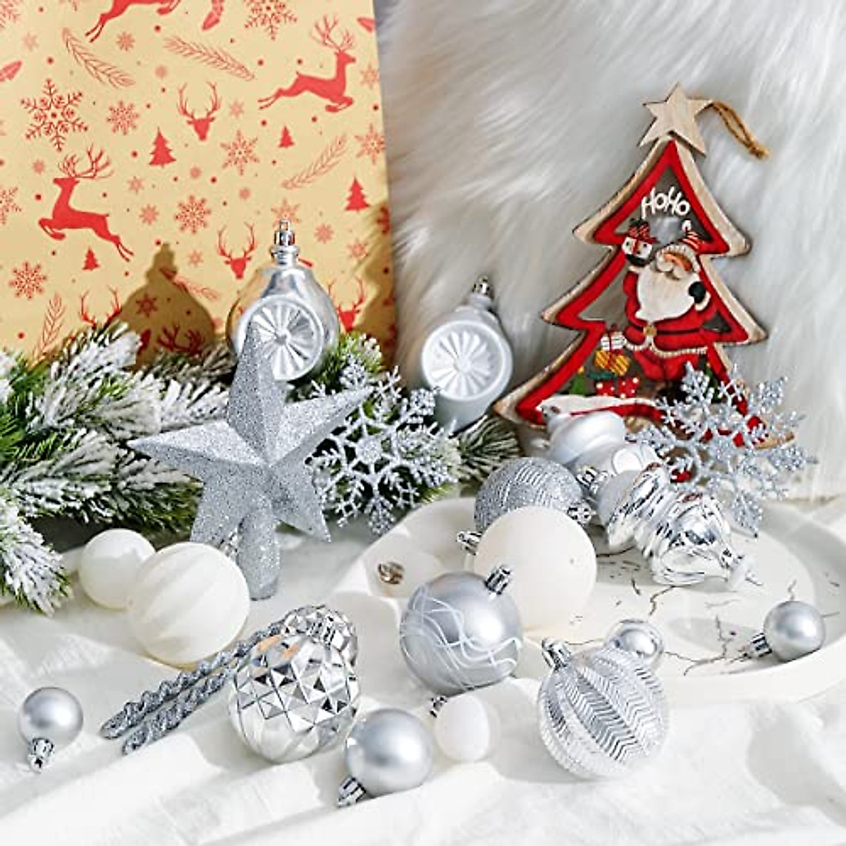 XmasExp 99-Pack Christmas Ball Ornaments Assorted Shatterproof Christmas Tree Decorations with Hand-held Gift Package for Xmas Tree,Home,Party(Silver-White)