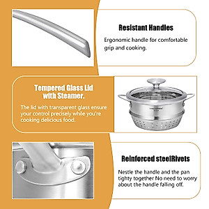 2.3 Quart Stainless Steel Saucepan with Steamer Basket，Tri-ply Construction，Multi-functional Sauce Pan Set with Lid，Small Sauce Pots Cooking for Pasta，Gravies，Noodles，Vegetable