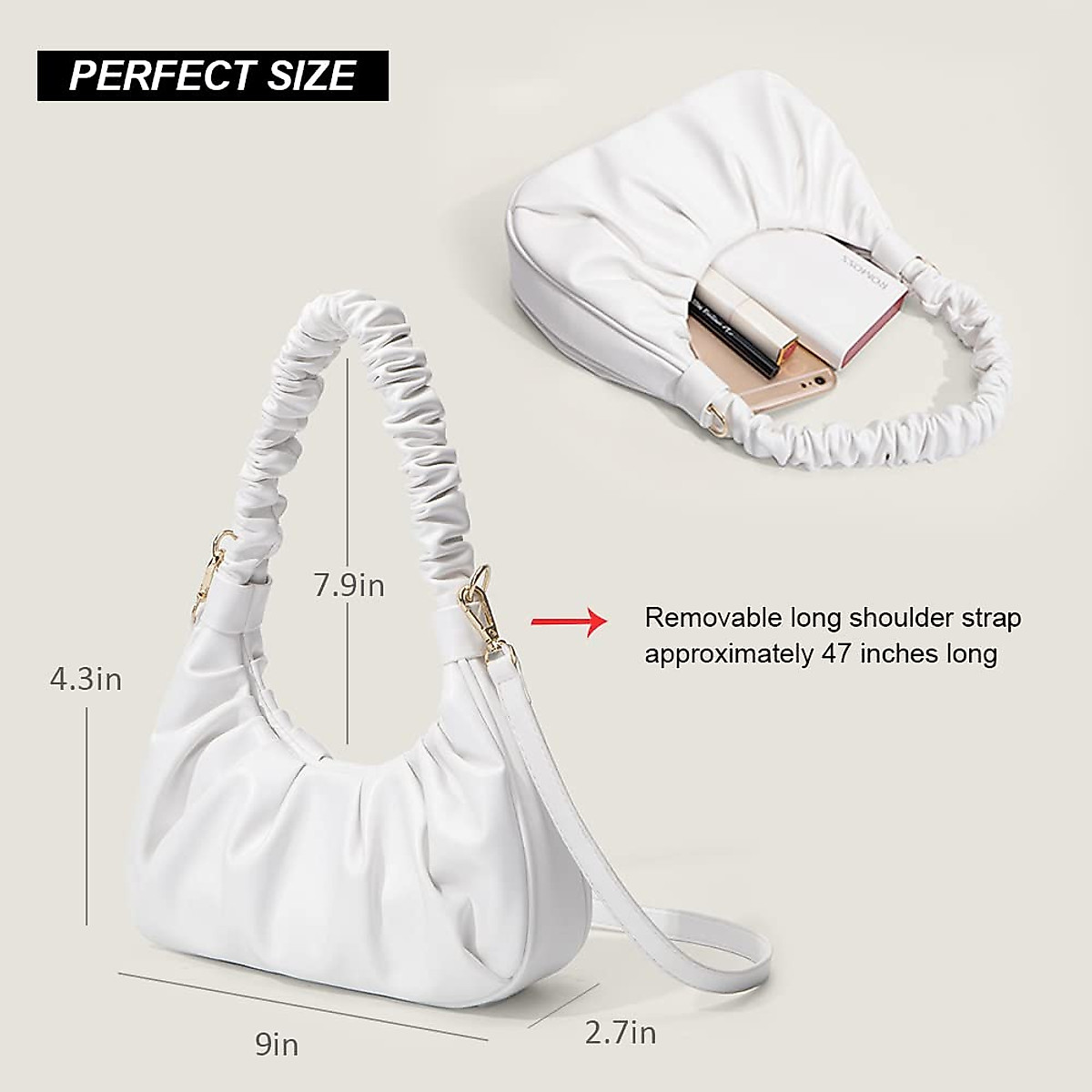 Gxamz Ruched Cloud Shoulder Purse and Dumpling Bag for Women Small Crossbody Handbag with Removable Shoulder Strap (white)