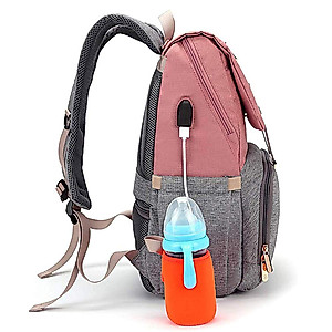 Loodial Diaper Bag Backpack with USB Charging Port for Bottle Warmer, Multifunction Travel Back Pack Maternity Baby Nappy Bags, Large Capacity, Waterproof and Stylish, Grey-Pink