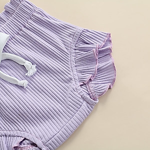 Toddler Baby Girl Summer Short Clothes Ribbed Ruffle Sleeve Tops+Elastic Drawstring Short Pants Two Piece Solid Outfit Set (A-Purple, 12-18 Months)