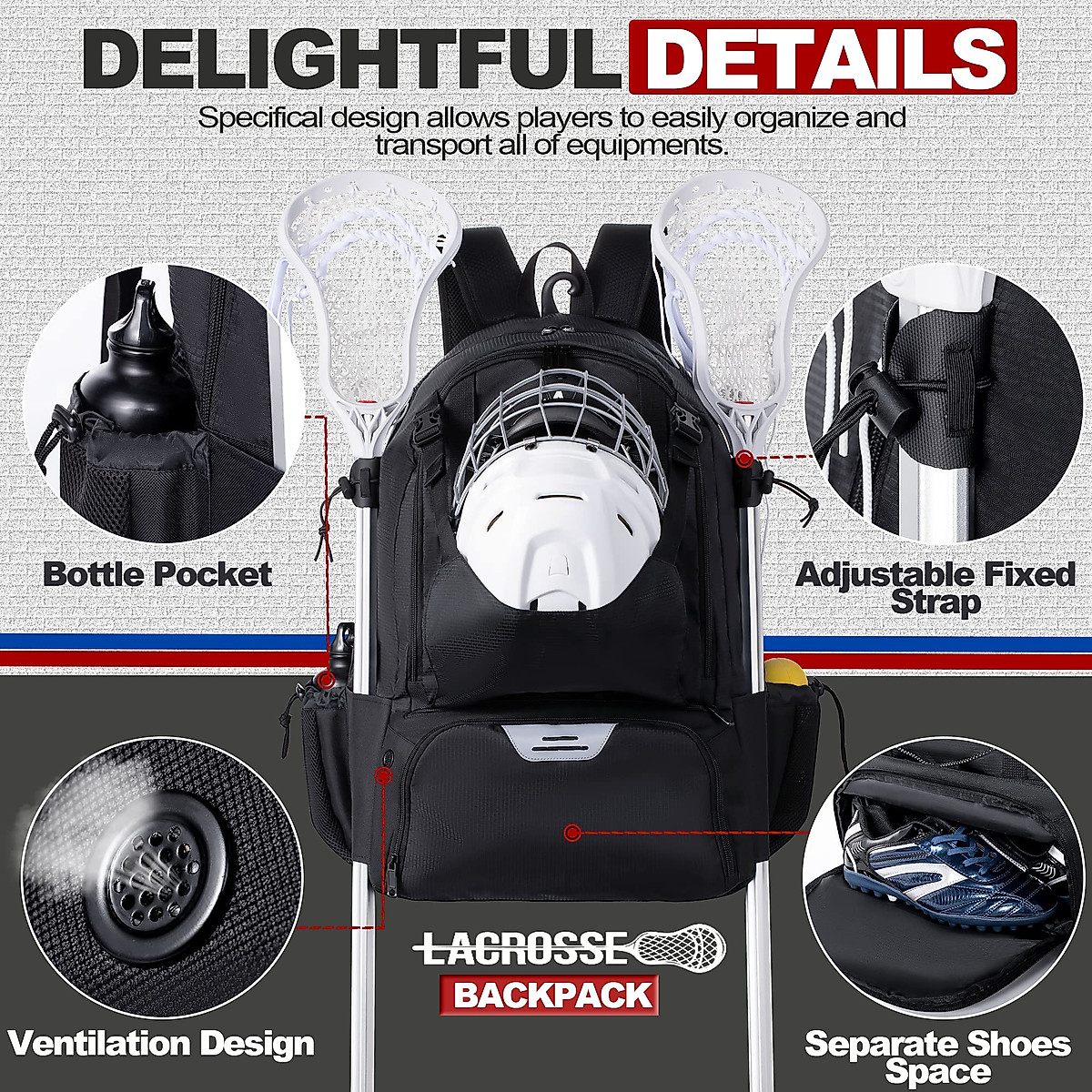 GoHimal Lacrosse Bag Extra Large Lacrosse Backpack with Tow Stick Holder (Black)