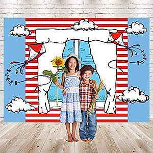 Ticuenicoa 7x5ft Cartoon Window Backdrops for Photography Kids Birthday Party Background Blue Red Kite Striped Kids Baby Shower Party Backdrop Boys Girls 1st Birthday Decorations Cake Table Banner