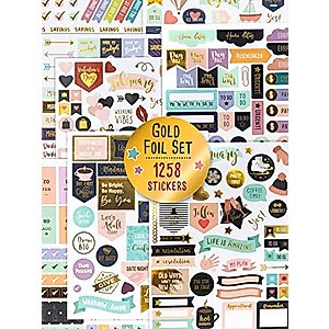 Aesthetic Gold Foil Planner Stickers - 1250+ Stunning Design Accessories Enhance and Simplify Your Planner, Journal and Calendar