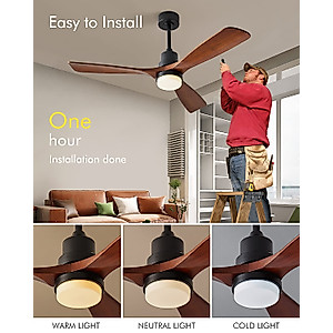 Chriari Ceiling Fans with Lights, 60" Wood Ceiling Fan with Remote Control, 3 Walnut Fan Blades Reversible Quiet DC Motor 6 Speeds Timing Farmhouse Ceiling Fan for Patios Bedroom Living Room