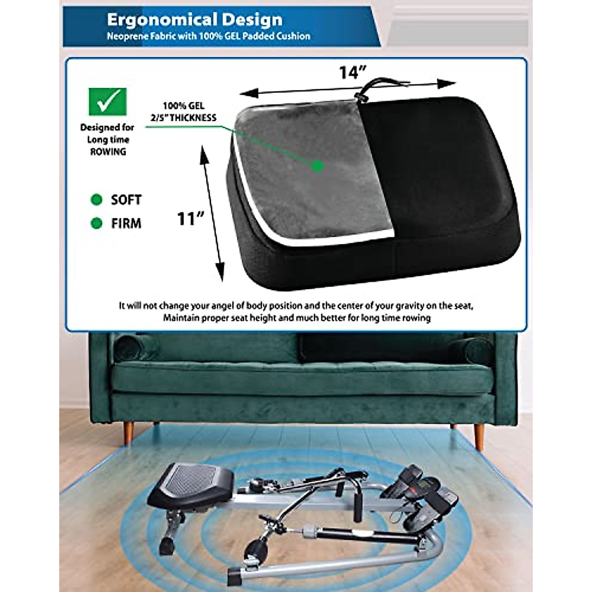 Rowing Machine Seat Cushion - 100% Gel Padded Rower Seat Cushion for Hydrow, Concept 2 Rowing Machine and Other Row Machines - Rower Accessories and Seat Pad (Black)