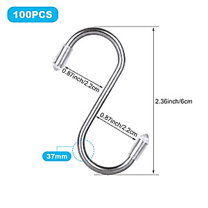 DAJAVE 100 Pack S Hooks for Hanging, 2.5 Inch Heavy Duty S Hook with Plastic Caps, Stainless Steel Small S Hanging Hangers Hooks for Hanging Kitchen Pans, Pots, Cups, Clothes, Bags