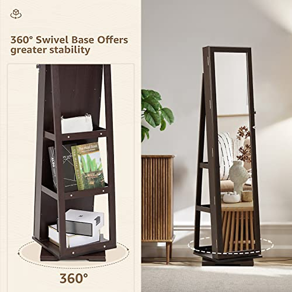 SERWALL 360 Rotating Jewelry Stand Organizer - Jewelry Armoire with Full-Length Mirror- Freestanding Dressing Mirror Jewelry Cabinet Storage - Brown