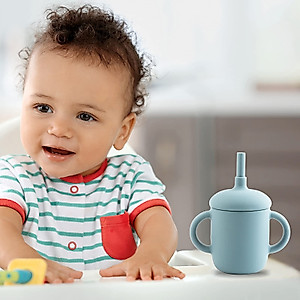 Sangyn 2 Pack Toddler Training Cup with Straw,BPA-Free,5 Oz Silicone Sippy Cups, Unbreakable, Trainer Cup for Babies Toddlers and Infants(Sky Blue, Brown)