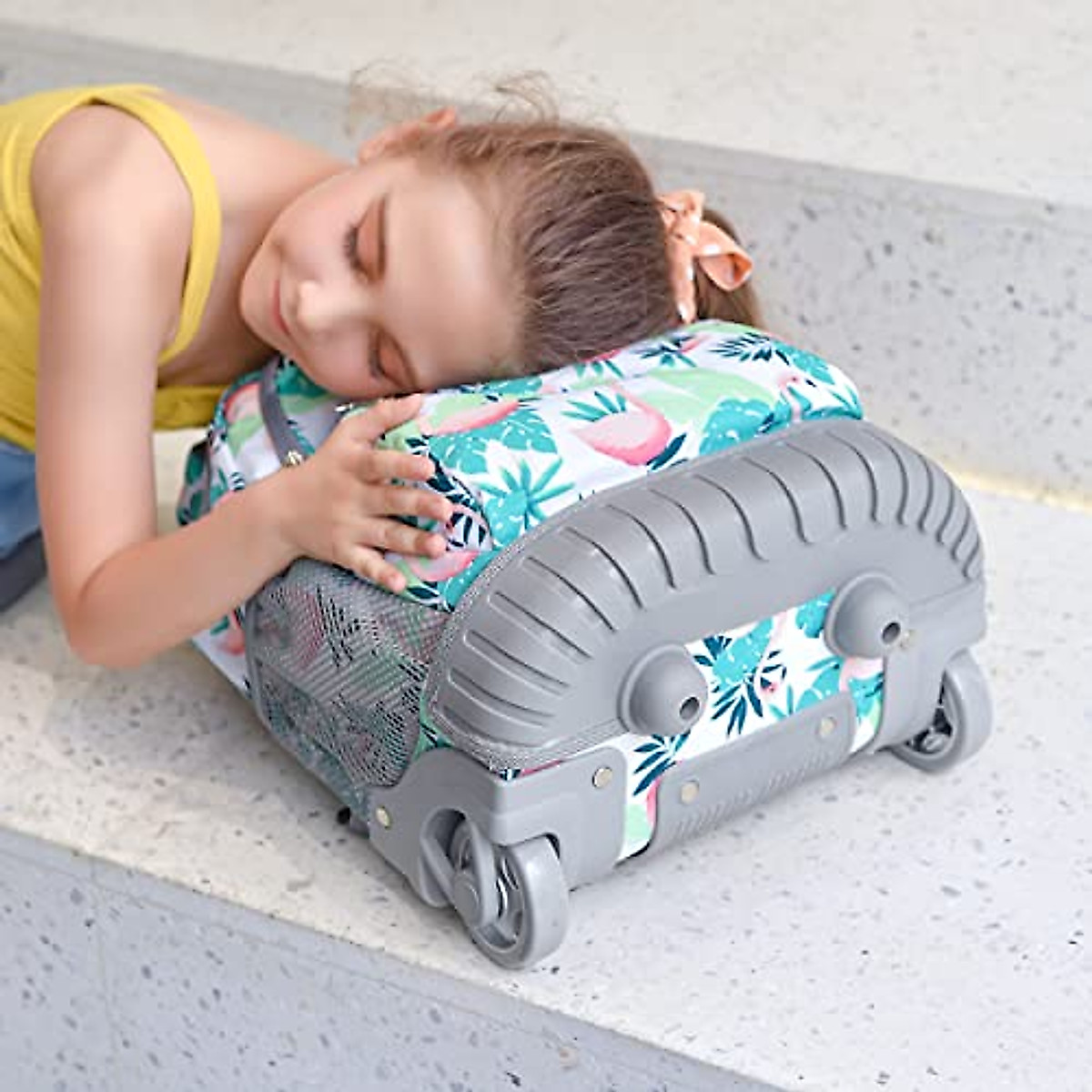 NEW TILAMI Rolling Backpack for Kids, 16 Inch Wheeled Laptop Backpack for Boys Girls School Travel Trip Bag, Flamingo