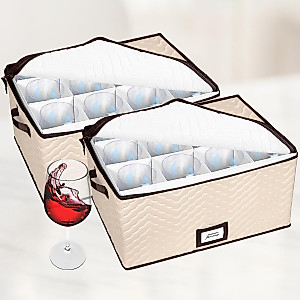 Hold N Storage Set of 2 Wine Glass Storage with dividers - Each Holds 12 standard size wine glasses up to 10" H - Stemware Storage Case, Durable Quilted Glasses Storage Organizer With Carry Handles