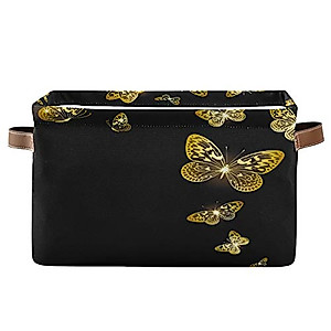 AGONA Black Beautiful Gold Butterfly Foldable Storage Bins Large Collapsible Fabric Storage Baskets with Leather Handles Organizing Box for Shelves Home Bedroom Nursery Office 2 Pack