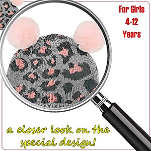 PEAK 2 PEAK Girls Hat and Fingerless Gloves Winter Set, Leapord with Plush Pink Pompoms - Age 4-12 Years