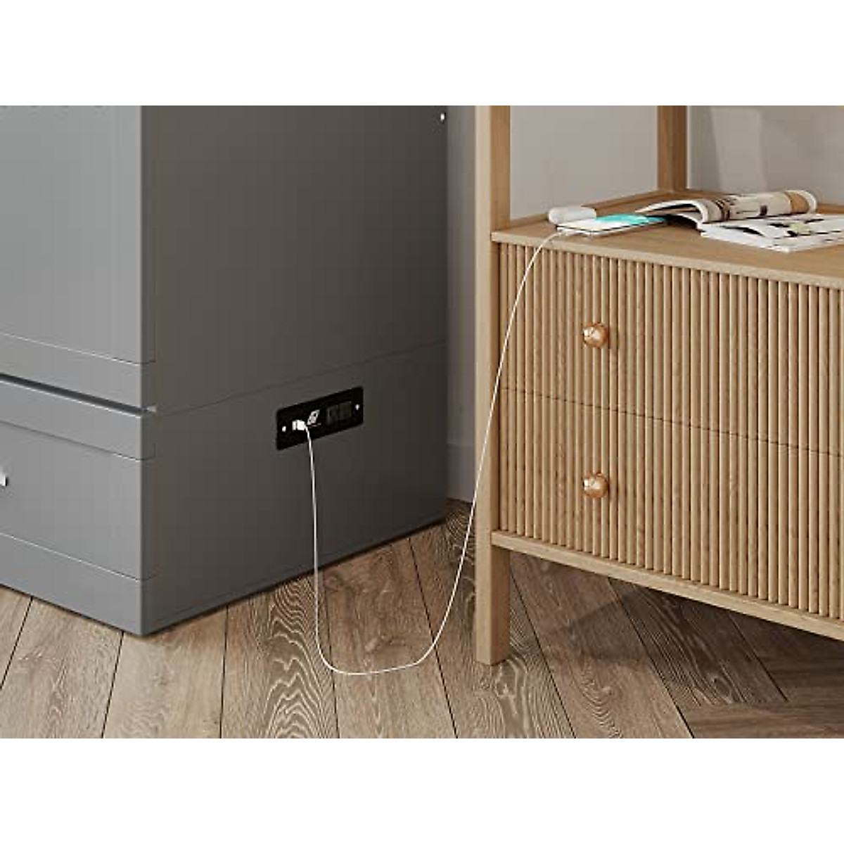 AFI, Hamilton Murphy Bed Chest with 6 inch Memory Foam Folding Mattress, Built-in Charging Station and Storage Drawer, Full, Grey