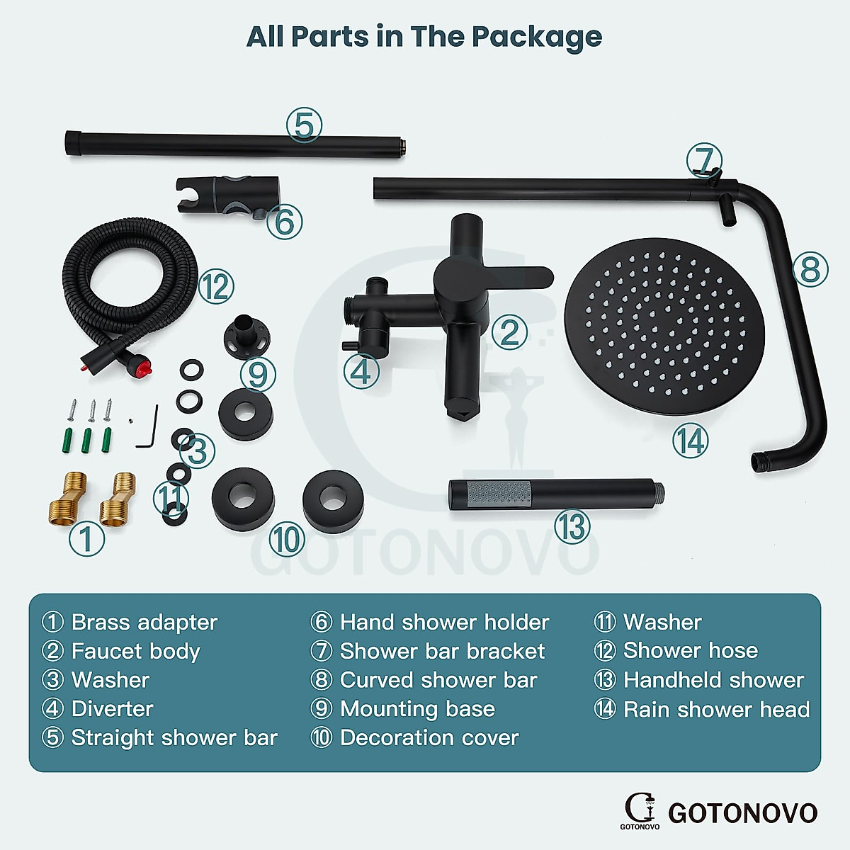 gotonovo Matte Black Outdoor Shower Fixture SUS304 System Combo Set Rainfall Single Handle High Pressure Hand Spray Wall Mount 2 Dual Function Stainless Steel