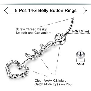 FUNRUN JEWELRY 8PCS 14 G Stainless Steel Dangle Belly Button Ring Navel Piercing Clear CZ Inlay Body Piercing Jewelry Barbell Silver Tone