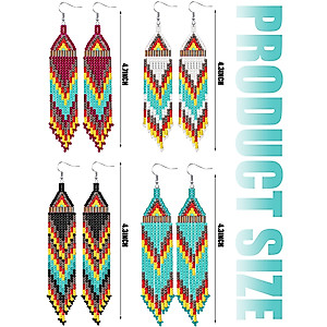 BBTO 4 Pcs Long Beaded Tassel Earrings Bohemia Colorful Native Handmade Statement Fringe Drop Earrings Boho Dangle Tassel Earrings for Women(Exotic)