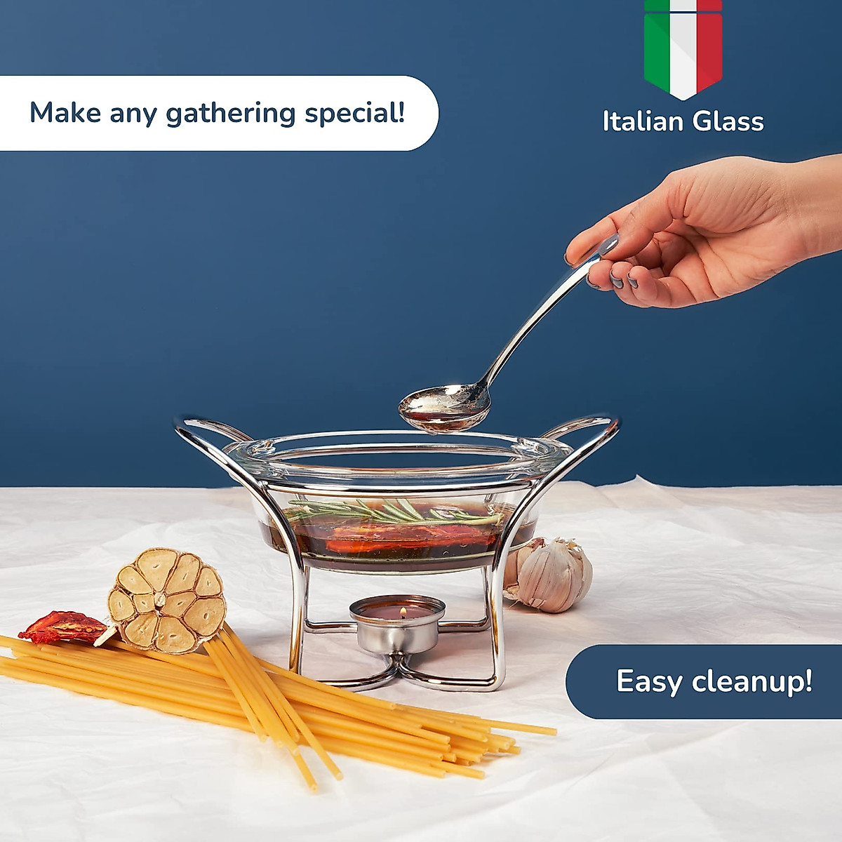 Rigeli Regent Chromeplated Wire Sauce Warmer w/Ladle Stainless Steel Round Soup Warmer with spoon Perfect for Chocolate, Caramel, Cheese, Sauces and More