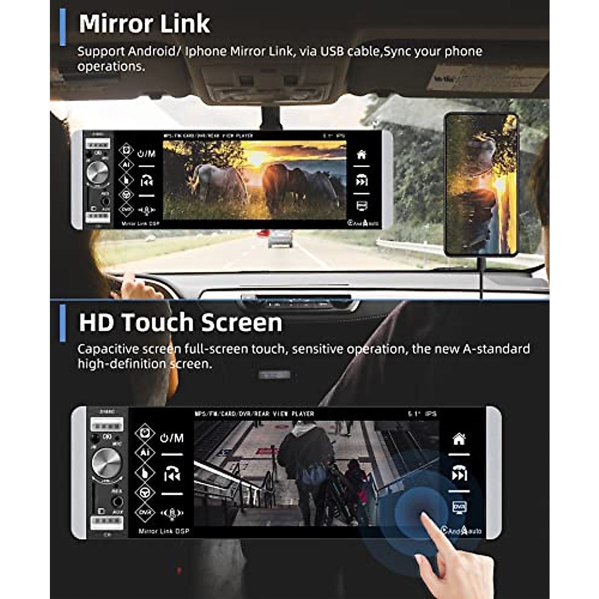 Single Din Car Stereo Support Apple Carplay Android Auto, Podofo 5.1'' IPS Touchscreen Car Radio Video Music Player Bluetooth Audio AUX/USB/FM Voice Assistant Steering Wheel Control Backup Camera