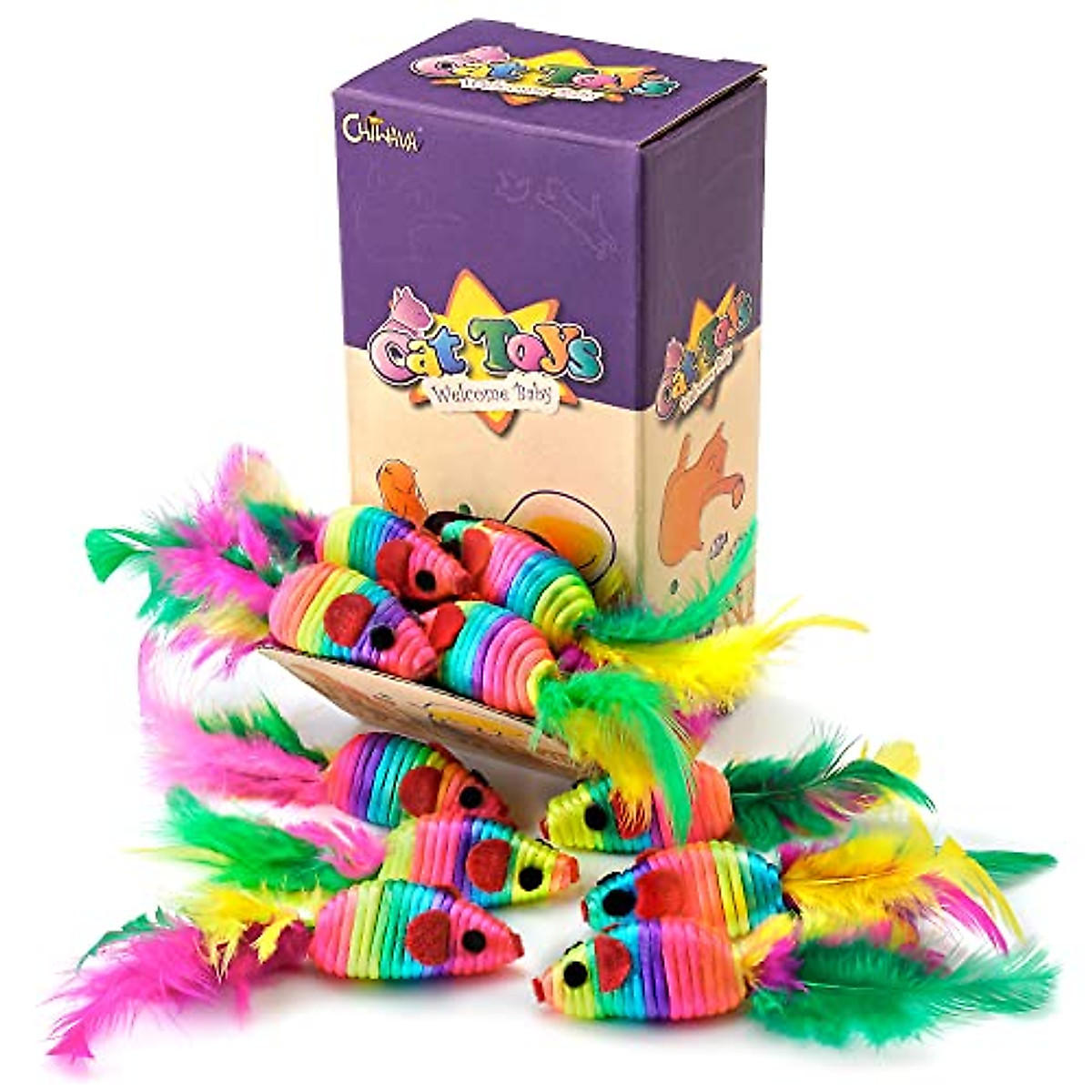 CHIWAVA 24PCS 5" Rattle Cat Toys Mice with Feather Rainbow Rope Mouse Kitten Interactive Toy Assorted Color