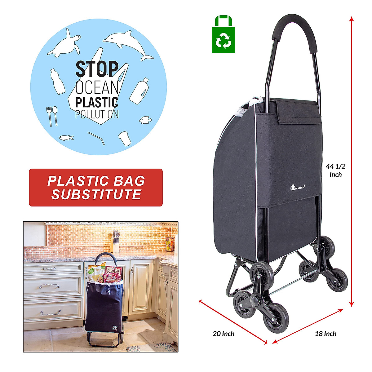 dbest products Stair Climber Trolley Dolly Sport Grocery Cart 3 Wheels Heavy Duty Shopping Hand Truck Made for Condos Apartments, 40 inch Handle Height Carrito de Compras con Ruedas, Black