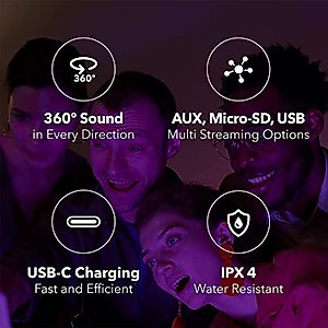 KNZ MOZARTO Glow S Bluetooth 5.3 Speaker with Dynamic RGB Lightshow, 10W, True Wireless Mode, AUX/microSD/USB Streaming, Built-in Microphone, USB-C Charging (Black)
