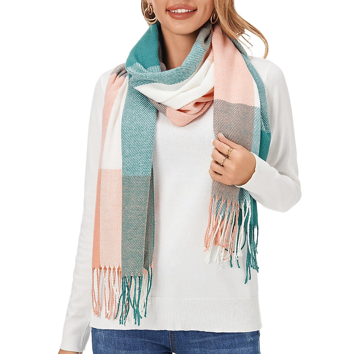 Fuinloth Women's Large Plaid Scarf Fashion Long Shawl Wrap for Winter Warm Lightweight Green Pink