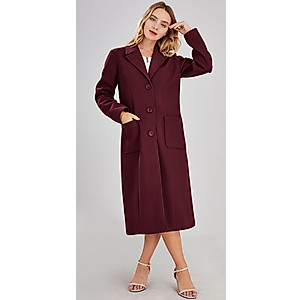 chouyatou Women's Big Notch Lapel Single Breasted Mid-Long Wool Blend Coat (Large, Wine Red)