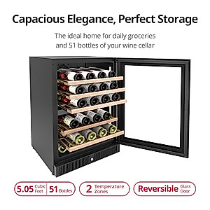 Frostronics 24 Inch Dual Zone Wine Refrigerator, 51 Bottles Under Counter Built-In or Freestanding Wine Cellar, Wine Cooler with Quiet Compressor Cooling and Reversible Glass Door, Fits Large Bottle