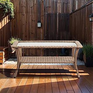 Outdoor Coffee Table - Patio Rattan Wicker Coffee Table with Tempered Glass Top and 2-Tier Storage Outdoor Table for Deck Porch Balcony Garden - Yellow