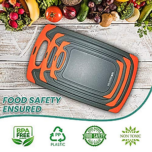 HUNNION Kitchen Cutting Board 3 Piece Set : Juice Grooves with Easy-Grip Handles, BPA-Free, Non-Porous, Dishwasher Safe, Multiple Size Plastic Cutting Boards (Orange)