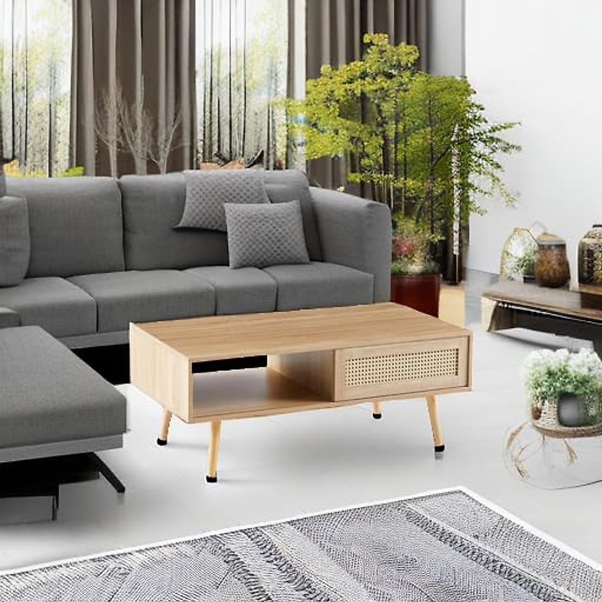Forsho Rattan Coffee Table Mid Century Modern Coffee Table with Storage 41.3 Inch Wooden Accent Center Sofa Table with Sliding Woven Door Panel and Solid Wood Legs Perfect for Living Room
